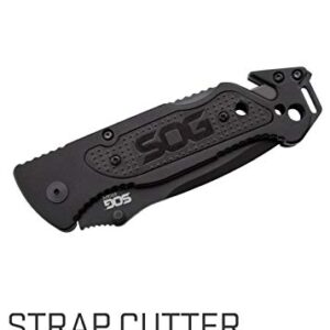 SOG Escape Tactical Folding Knife- 3.4 Inch Serrated Edge Blade Emergency Pocket Knife with Glass Breaker, Wire Stripper and Line Cutter Blades-Black (FF25-CP)