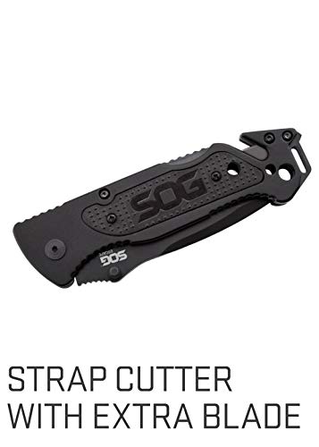 SOG Escape Tactical Folding Knife- 3.4 Inch Serrated Edge Blade Emergency Pocket Knife with Glass Breaker, Wire Stripper and Line Cutter Blades-Black (FF25-CP)