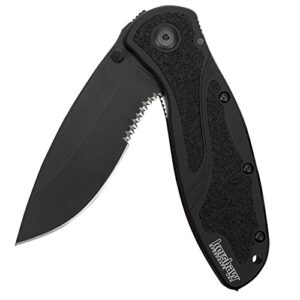 kershaw glassbreaker blur pocketknife, 3.4" sandvik 14c28n stainless steel recurved serrated blade, assisted opening edc, emergency tool