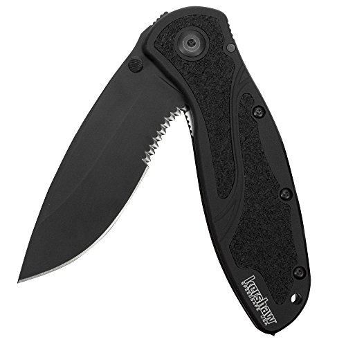 Kershaw Glassbreaker Blur Pocketknife, 3.4" Sandvik 14C28N Stainless Steel Recurved Serrated Blade, assisted opening EDC, Emergency Tool