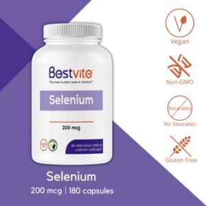 BESTVITE Selenium 200mcg (180 Vegetarian Capsules) - No Stearates - No Flow Agents - Vegan - Non-GMO - Gluten Free