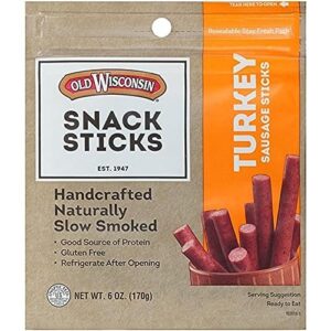 old wisconsin turkey sausage snack sticks, naturally smoked, ready to eat, high protein, low carb, keto, gluten free, 6 ounce resealable package