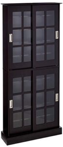 atlantic windowpane media/storage cabinet - tempered glass pane sliding doors, stores optical media like cd/dvd/bd/game discs, collectables & memorabilia collections, pn 94835757 in espresso