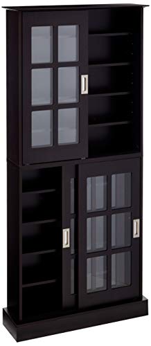 Atlantic Windowpane Media/Storage Cabinet - Tempered Glass Pane Sliding Doors, Stores Optical Media Like CD/DVD/BD/Game Discs, Collectables & Memorabilia Collections, PN 94835757 in Espresso