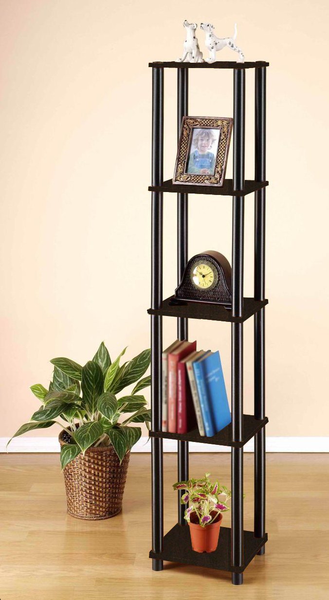 FURINNO Turn-N-Tube 5-Tier Corner Square Rack Display Shelf, Round, Black/Grey