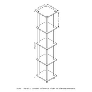 FURINNO Turn-N-Tube 5-Tier Corner Square Rack Display Shelf, Round, Black/Grey