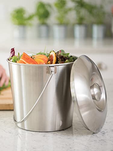 Gardener's Supply Company Brushed Stainless Steel Kitchen Compost Pail | Holds 1 Gallon of Food Scraps for Organic Indoor Composting | 7-1/4" D x 7" H