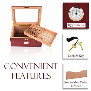 Mantello Humidor 100 Cigar Capacity, Glass-top 100 Cigar Humidor, Cigar Humidor 100 with Hygrometer and Removable Cedar Tray