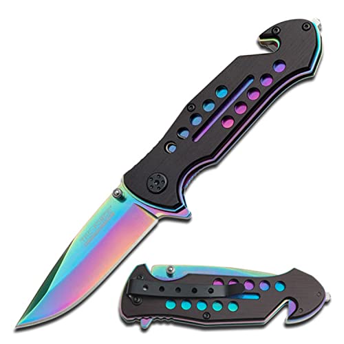 TAC Force Spring Assisted Folding Pocket Knife – Rainbow TiNite Coated Drop Point Blade and Liner, Black Aluminum Handle w/ Rope Cutter, Glass Punch, and Clip, Tactical, EDC, Rescue - TF-509 4.75 inch