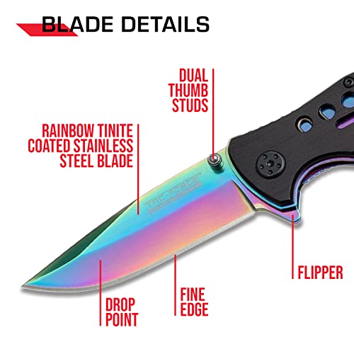 TAC Force Spring Assisted Folding Pocket Knife – Rainbow TiNite Coated Drop Point Blade and Liner, Black Aluminum Handle w/ Rope Cutter, Glass Punch, and Clip, Tactical, EDC, Rescue - TF-509 4.75 inch