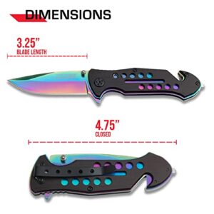 TAC Force Spring Assisted Folding Pocket Knife – Rainbow TiNite Coated Drop Point Blade and Liner, Black Aluminum Handle w/ Rope Cutter, Glass Punch, and Clip, Tactical, EDC, Rescue - TF-509 4.75 inch