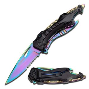 tac force spring assisted folding pocket knife – rainbow tinite coated stainless steel blade with black aluminum handle, bottle opener, glass punch and pocket clip, tactical, edc, rescue - tf-705rb