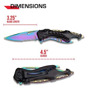 TAC Force Spring Assisted Folding Pocket Knife – Rainbow TiNite Coated Stainless Steel Blade with Black Aluminum Handle, Bottle Opener, Glass Punch and Pocket Clip, Tactical, EDC, Rescue - TF-705RB