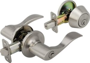 legend 809127 wave style lever front door knob entry leverset lockset and single cylinder deadbolt combination set, us15 satin nickel finish