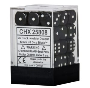 black with white dice block, 12mm d6, pack of 36