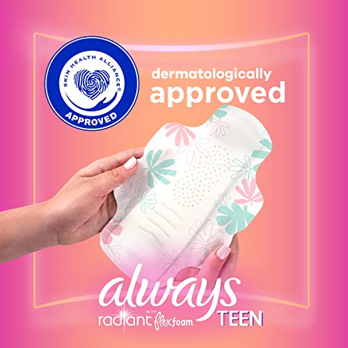 Always Radiant FlexFoam Teen Pads Regular Absorbency, 100% Leak Free Protection is possible, with Wings, Unscented, 28 Count