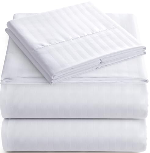 King Italian Prestige Collection Striped Bed Sheet Set – 1800 Luxury Soft Microfiber Deep Pocket 4-Piece Bedding Set - Wrinkle, Stain, Fade Resistant - White