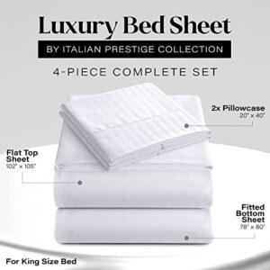 King Italian Prestige Collection Striped Bed Sheet Set – 1800 Luxury Soft Microfiber Deep Pocket 4-Piece Bedding Set - Wrinkle, Stain, Fade Resistant - White