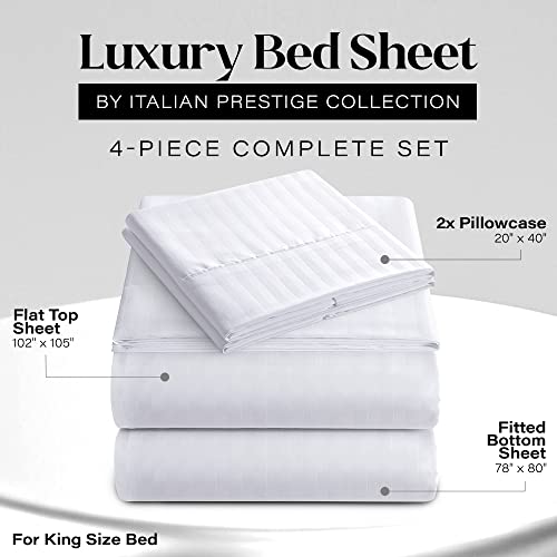 King Italian Prestige Collection Striped Bed Sheet Set – 1800 Luxury Soft Microfiber Deep Pocket 4-Piece Bedding Set - Wrinkle, Stain, Fade Resistant - White