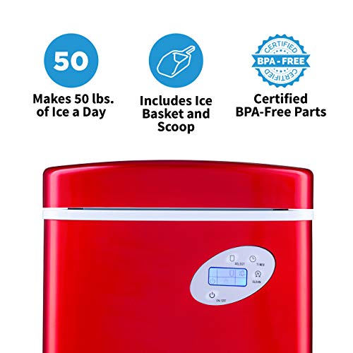 NewAir Portable Ice Maker 50 lb. Daily | Red | 3 Size Bullet Shaped Ice | First Batch Under 10 Minutes | Self Cleaning Quiet Operation Countertop Ice Machine | AI-215R