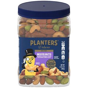 planters deluxe salted mixed nuts, party snacks, plant-based protein 34oz (1 container)