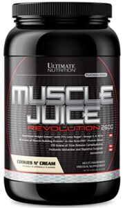 ultimate nutrition muscle juice revolution weight and lean muscle mass gainer protein powder with glutamine, micellar casein and time release complex carbohydrates, cookies n cream, 4.69 pounds