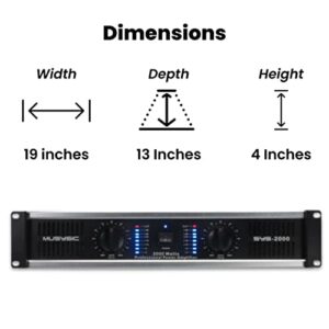 MUSYSIC 2 Channel Power Amplifier Distortion Free and Clear Sound - Professional 2U Chassis Rack Mount Amplifiers for DJs/Experts/Events w/ATR Technology/XLR and 1/4 Inch Inputs - 2000Watts