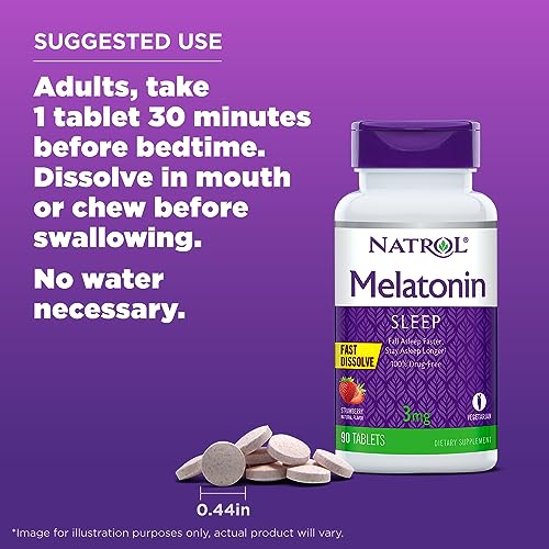 Natrol Melatonin 3mg, Strawberry-Flavored Dietary Supplement for Restful Sleep, 90 Fast-Dissolve Tablets, 90 Day Supply