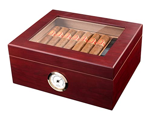 Mantello Cigars Humidor, Glass-Top Cigar Humidors, Humidor Box for 25-50 Cigars, with Hygrometer & Divider, Humidors