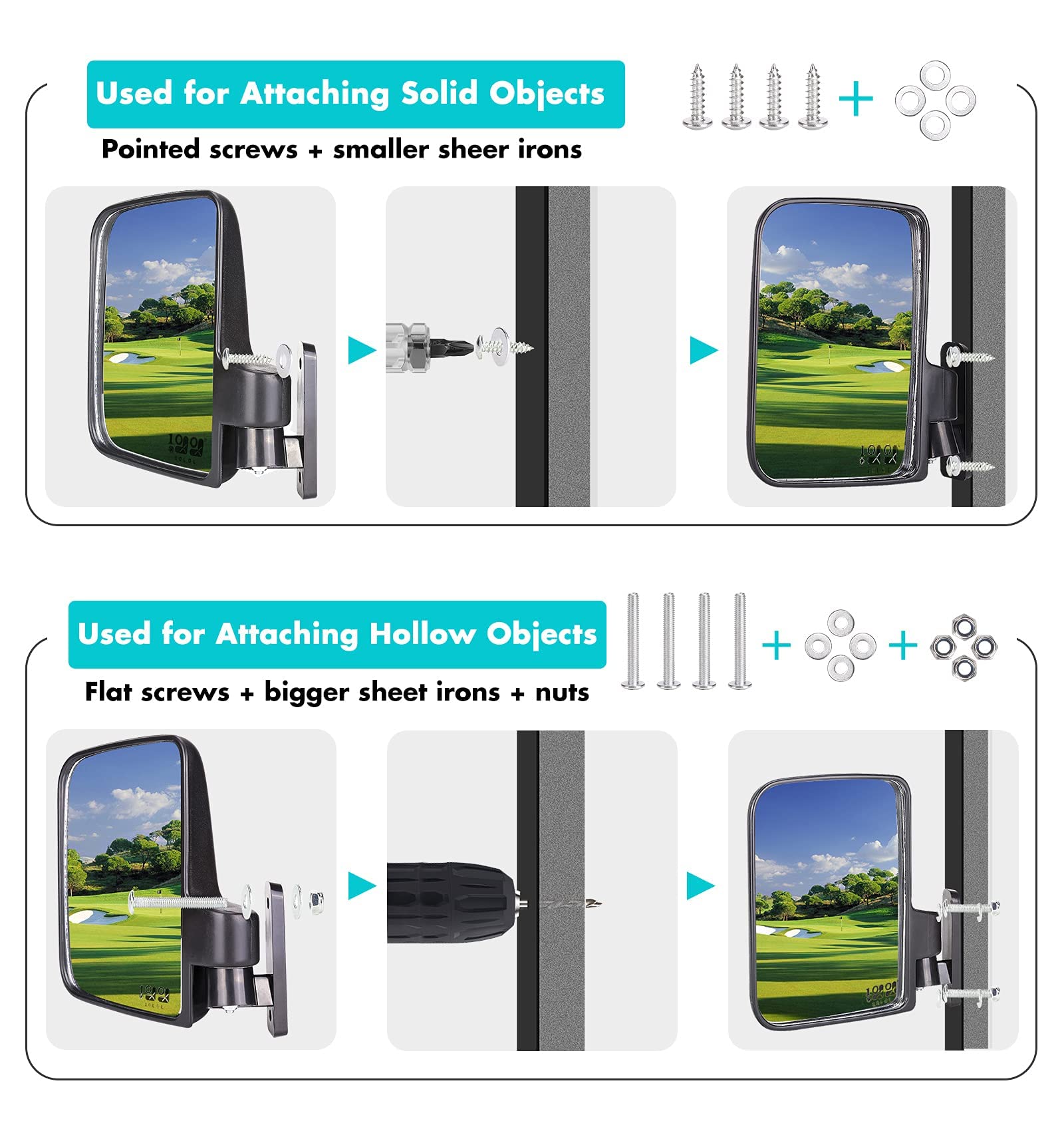 10L0L Golf cart side mirrors for Club Car EZ-GO Yamaha and Others, No-drilling Required, Adjustable (Option), front upper