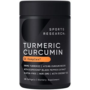 sports research turmeric curcumin c3 complex 500 mg, enhanced with black pepper and organic coconut oil for better absorption; non-gmo and gluten free - standardized 95% curcuminoids (120 softgels)