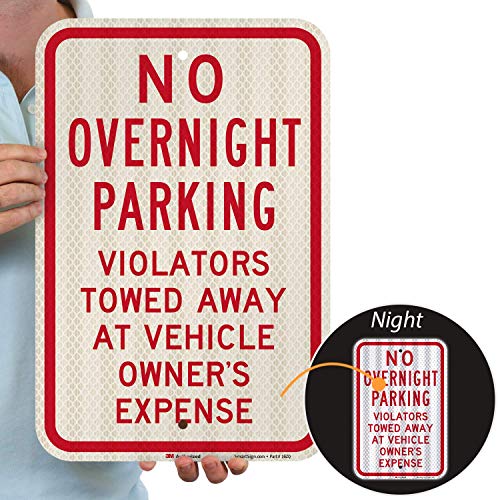 SmartSign - T1-1055-HI_12x18 No Overnight Parking - Violators Towed Sign By | 12" x 18" 3M High Intensity Grade Reflective Aluminum Red on White