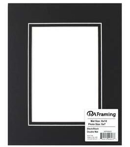 PA Framing Double Photo Mat Board, Pre-cut Framing Mat - White Core, Black, 8"x10" (Frame), 5"x7" (Photo)