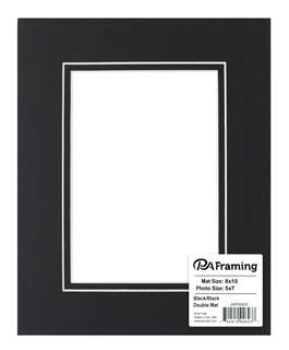 PA Framing Double Photo Mat Board, Pre-cut Framing Mat - White Core, Black, 8"x10" (Frame), 5"x7" (Photo)