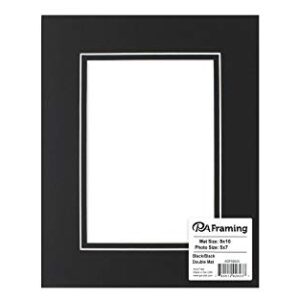 PA Framing Double Photo Mat Board, Pre-cut Framing Mat - White Core, Black, 8"x10" (Frame), 5"x7" (Photo)