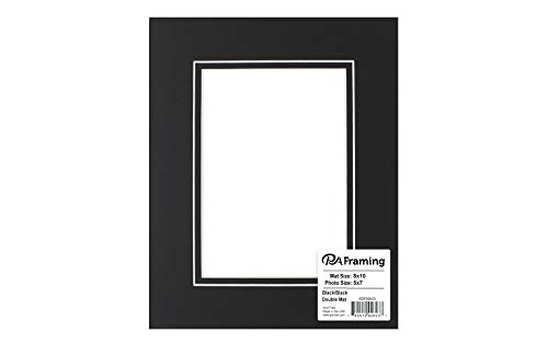 PA Framing Double Photo Mat Board, Pre-cut Framing Mat - White Core, Black, 8"x10" (Frame), 5"x7" (Photo)