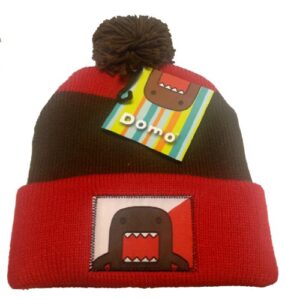 domo japanese cartoon red & brown stripe cuff pom pom cap hat beanie