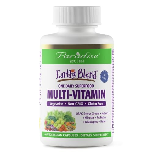 Paradise Earth's Blend Multivitamin, No Iron, One Daily Superfood, Stress & Energy Adaptogens, Probiotics for Gut Health, Immune Boosting Mushrooms, Non-GMO, Gluten Free, 60 Vegetarian Capsules