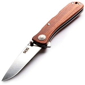 sog twitch ll drop point pocket knife - sog assisted technology edc knife with 2.65 inch stainless steel blade and wood handle- satin (twi17-cp)