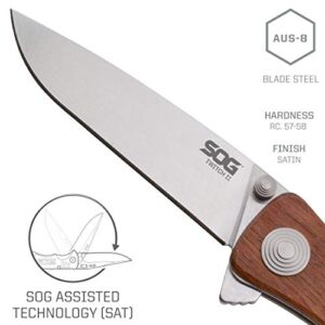 SOG Twitch ll Drop Point Pocket Knife - SOG Assisted Technology EDC Knife with 2.65 Inch Stainless Steel Blade and Wood Handle- Satin (TWI17-CP)