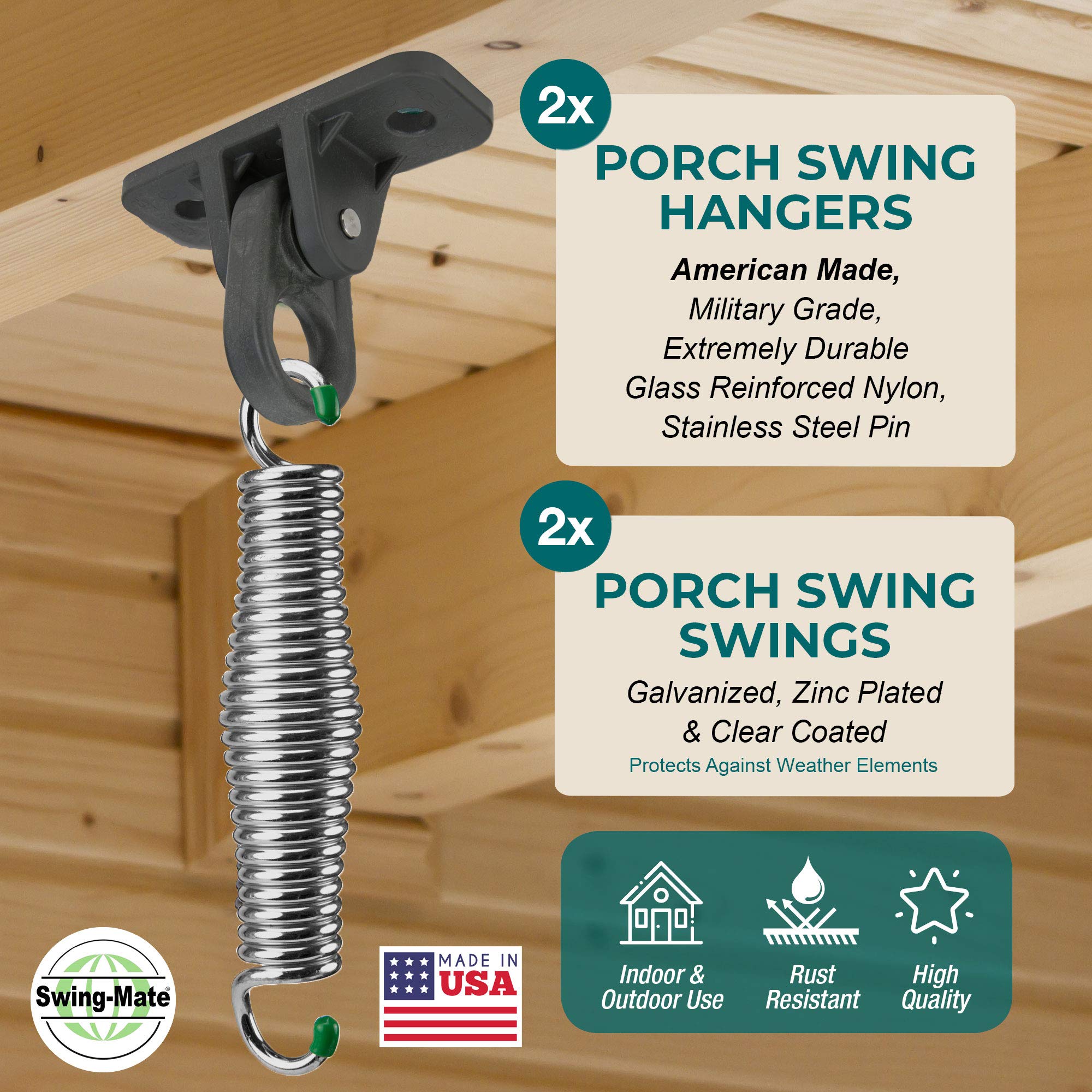 SwingMate Porch Swing Hanging Kit - 750 Lbs. Capacity - Proudly Made in The USA - Patented Heavy-Duty Suspension Swing Hangers and Springs for Hammock Chairs or Ceiling Mount Porch Swings - (Chrome)