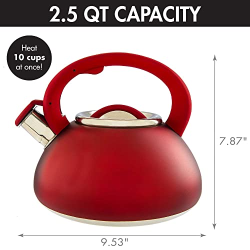 Primula Fast to Boil, Cool Touch Handle Food Grade Stainless Steel Hot Water Kettle, 2.5-Quart, Matte Red