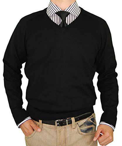 Luciano Natazzi Mens Sweater V-Neck Classic Fit Long Sleeve Pullover Fine Cotton (XX-Large, Black)