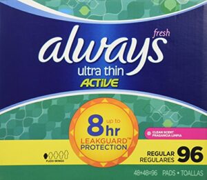 always ultra thin active pads, regular with flexi-wings, clean scent ,96 count