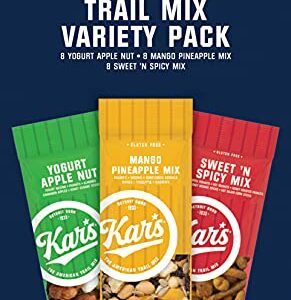 Kar’s Nuts Trail Mix Variety Pack, Pack of 24 – Yogurt Apple Nut, Mango Pineapple Mix, Sweet ‘N Spicy – Individually Wrapped, Gluten-Free Snack Mix