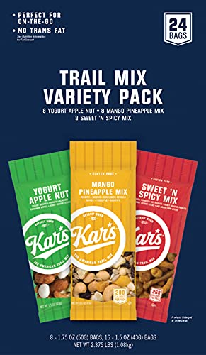 Kar’s Nuts Trail Mix Variety Pack, Pack of 24 – Yogurt Apple Nut, Mango Pineapple Mix, Sweet ‘N Spicy – Individually Wrapped, Gluten-Free Snack Mix