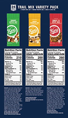 Kar’s Nuts Trail Mix Variety Pack, Pack of 24 – Yogurt Apple Nut, Mango Pineapple Mix, Sweet ‘N Spicy – Individually Wrapped, Gluten-Free Snack Mix