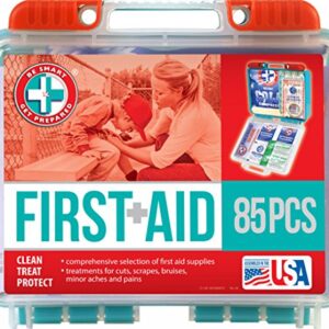 Be Smart Get Prepared 85 Piece First Aid Kit: Clean, Treat, Protect Minor Cuts, Scrapes. Home, Office, Car, School, Business, Travel, Emergency, Survival, Hunting, Outdoor, Camping & Sports, FSA HSA