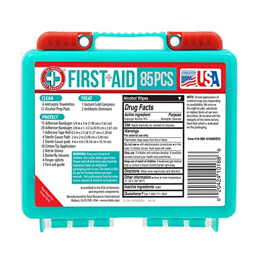 Be Smart Get Prepared 85 Piece First Aid Kit: Clean, Treat, Protect Minor Cuts, Scrapes. Home, Office, Car, School, Business, Travel, Emergency, Survival, Hunting, Outdoor, Camping & Sports, FSA HSA