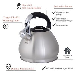 Kitchen Details Stainless Steel Whistling Tea Kettle | Stovetop | 14 Cup | 3.6 Quart | Satin